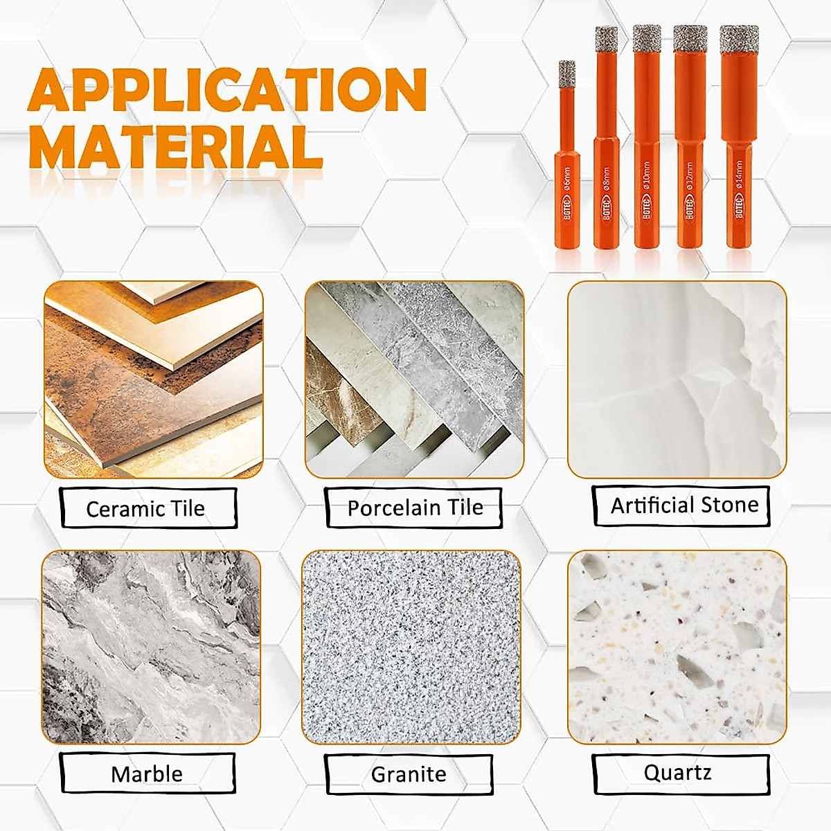 BGTEC Dry Diamond Core Drill Bits 2pcs 1/4" Tile Drill Bits with Hex Shank for Granite Marble Porcelain Tile Ceramic Masonry