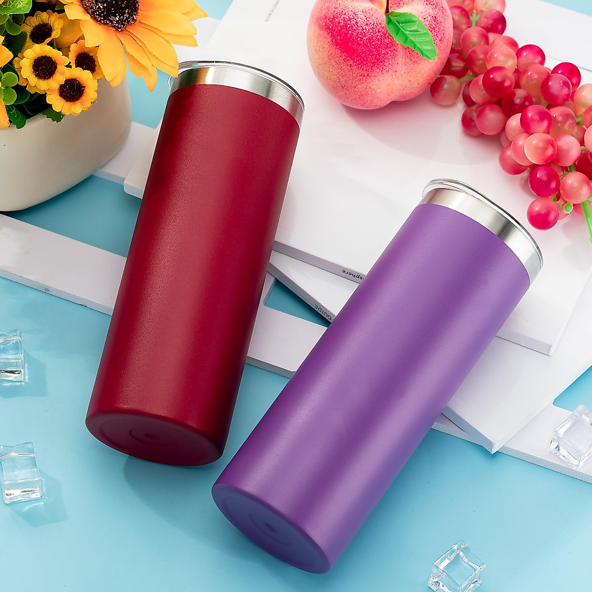 Skinny Tumblers Bulk 20 oz Stainless Steel with Lids and Straws Blank Slim Insulated Cup Double Layer Water Cups for Travel, DIY(Green, Yellow, Purple, Red,8 Pcs)