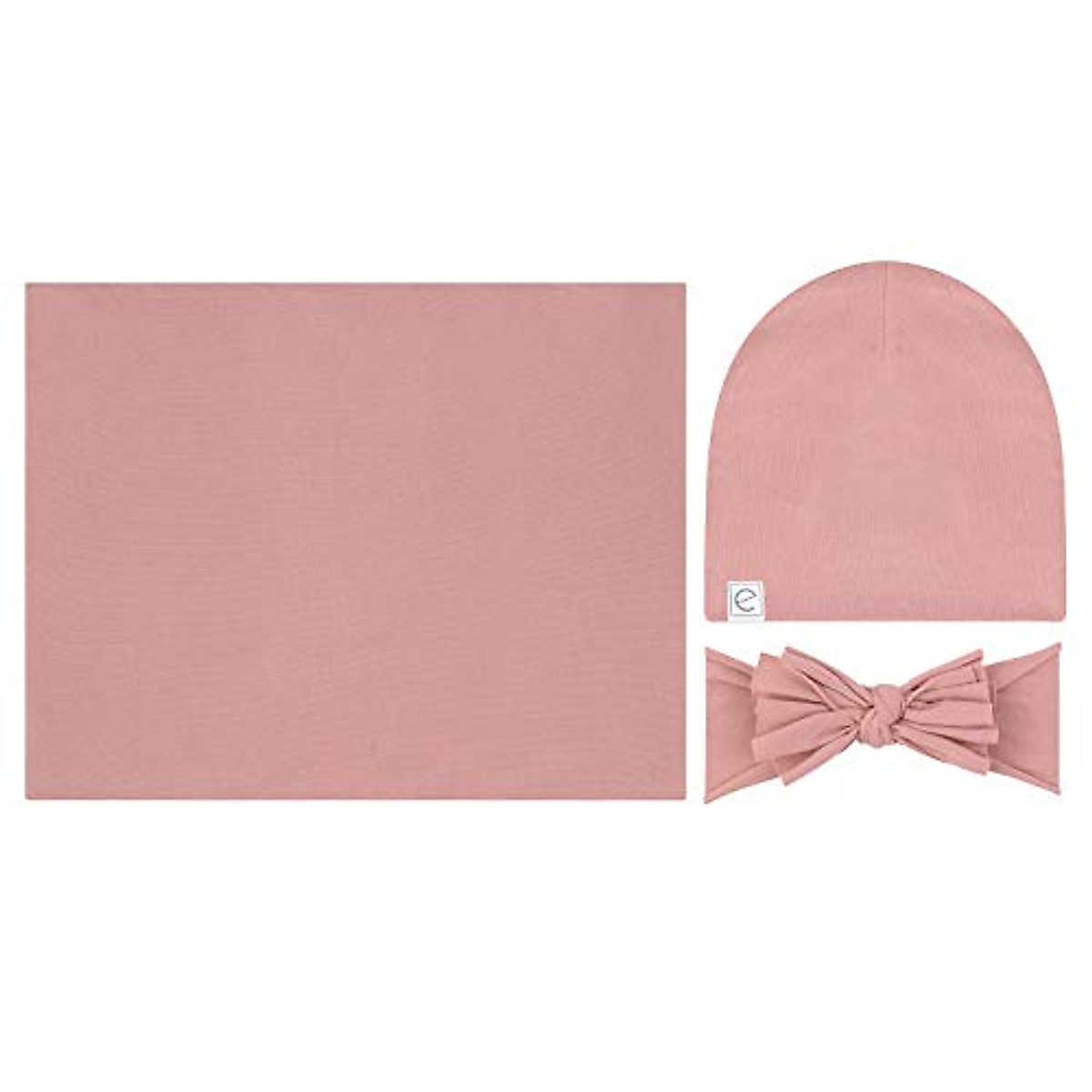 Ely’s & Co. Jersey Swaddle Blanket, Baby Beanie Hat and Bow Headband Set Jersey Cotton Set for Baby Girl – (Dusty Rose)
