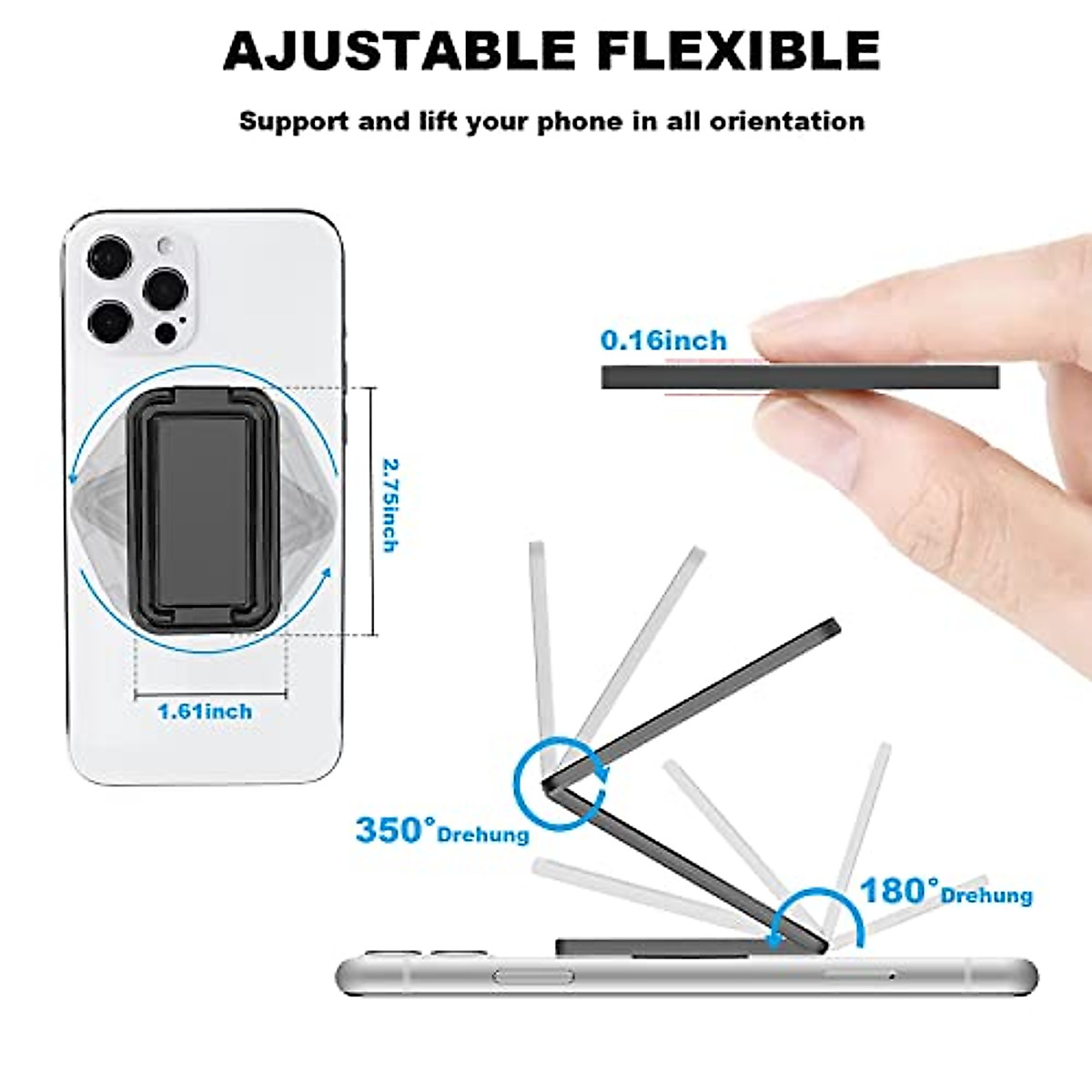 Dgloze Phone Ring Holder Finger Kickstand, 360°Rotation Cell Phone Ring Holder, Foldable Phone Holder for Hand, Work with Magnetic Car Mount Compatible with Most Smartphones and Tablets (Gun Black)