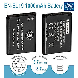 BM 2 EN-EL19 Batteries and Charger for Nikon Coolpix A300, W100, W150, S33, S100, S3100, S3200, S3300, S3500, S3600, S3700, S4100, S4200, S4300, S5200, S5300, S6400, S6500, S6800, S6900, S7000 Cameras