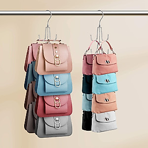ZEDODIER Purse Hanger Organizer for Closet, 2 Pack Rotatable Hanging Bag Holder, 8 Storage Capacity, Keeping Purses Visible and in Good Condition, Metal Handbag Storage Hook Rack Space Saver, Silver