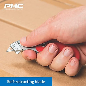 Pacific Handy Cutter PSC2 Pocket Safety Cutter Box of 12 Red Compact Design with Integrated Bladeless Tape Splitter Self-Retracting Safety Point Blade for Boxes Tape String Paper or Plastic PSC2-300