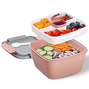 Portable Salad Lunch Container - 38 Oz Salad Bowl - 2 Compartments with Dressing Cup, Large Bento Boxes, Meal Prep to go Containers for Food Fruit Snack