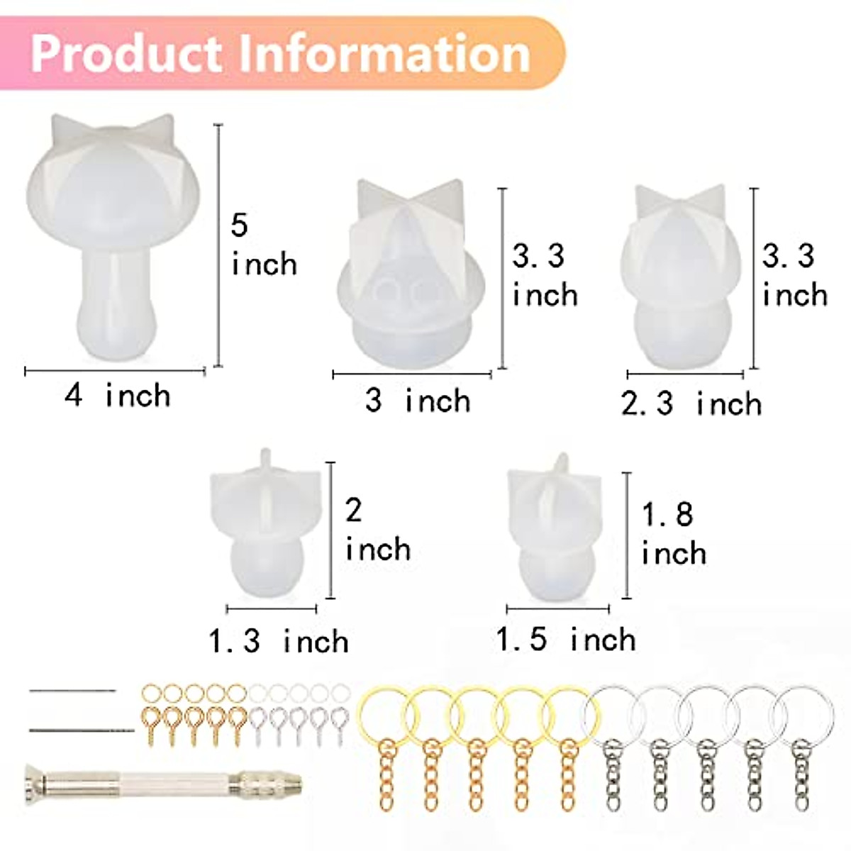 5 Sizes Mushroom Resin Molds Kit, 38Pcs Silicone Mold Set for Epoxy Casting, with 1 Hand Drill 2 Drill Bits 10 Key Rings 10 Screw Pins 10 Jump Rings, DIY Keychain Charms House Oraments