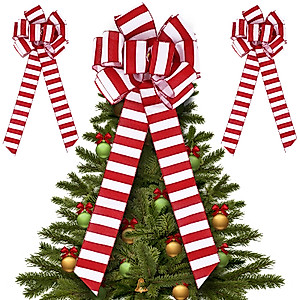 WILLBOND Christmas Red White Bow Red White Stripe Christmas Candy Cane Pattern Burlap Large Wreath Ribbon Bow Decorative for Tree Holiday Decoration Supplies, 25.6 x 9.8 Inch