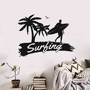 Vinyl Wall Art Surfing Wall Decal Gym Sports Boys Teenages Surf Board Palm Tree Wall Sticker Removable Wall Mural for Bedroom Living Room TM-62 (Black)