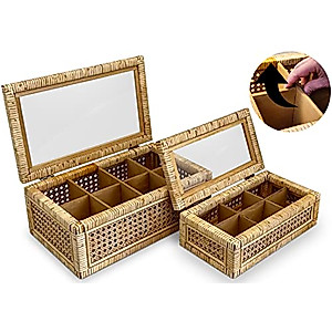 OTOKOHM Rattan Decorative Box With Lid & Removable Divider - Decorative Boxes For Home Decor - Boho Decor Display Box - Decorative Storage Boxes With Lids - Rattan Box With Lid Set of 2