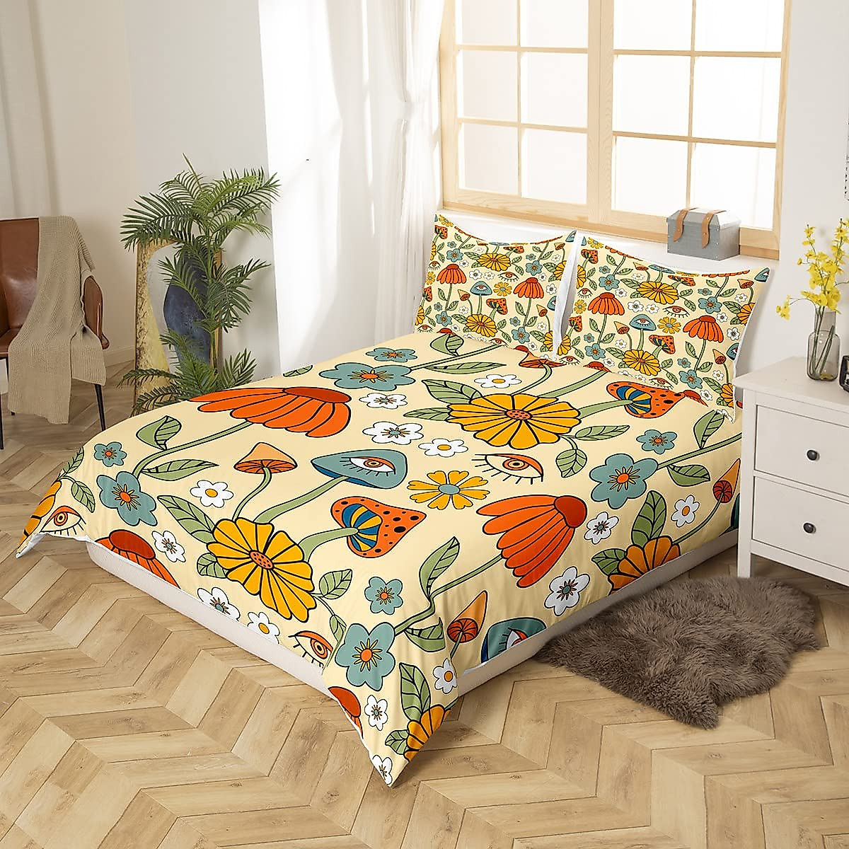 Retro Flowers Duvet Cover Set King Size,70s Floral Mushroom Comforter Cover with 2 Pillowcases,Art Hippie Plant Eye Print Modern Bedding Set for Adult Young Bedroom Xmas Gift