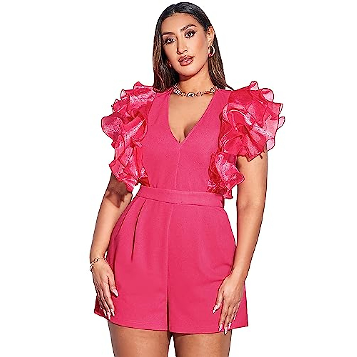 WDIRARA Women's Mesh Layered Ruffle Sleeve V Neck Pleated Solid Rompers Short Jumpsuits Watermelon Pink 3XL