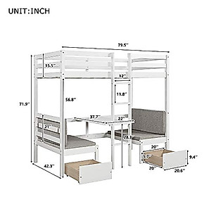 MERITLINE Twin Over Twin Bunk Bed, Convertible Dorm Loft Bed with Desk and Storage Drawers for Kids Teens, No Box Spring Needed (White Loft Bunk Beds)