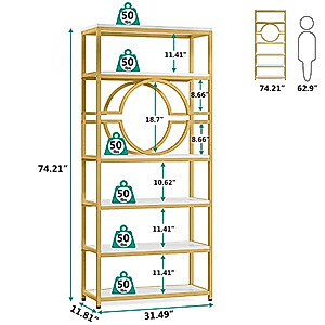 Tribesigns 6-Tier Bookshelf, 74.2" Tall Bookcase Metal Book Shelf, Freestanding Storage Shelves Modern Bookshelf for Home Office Living Room Bedroom (White/Gold, 1PC)