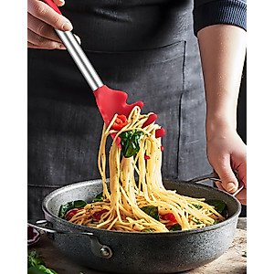 Spaghetti Spoon and Pasta Tong, Non-stick Silicone Spoon Server Fork with teeth and Stainless Steel Handle Spaghetti Tong, Food Clip for Spaghetti Noodle, Red