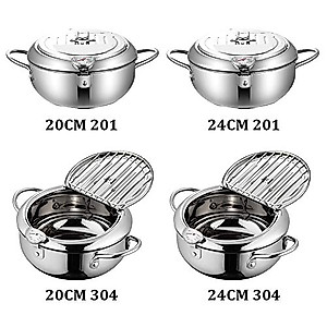 Deep Fryer Pot, Japanese Tempura Small Deep Fryer Stainless Steel Frying Pot With Thermometer,Lid And Oil Drip Drainer Rack for French Fries Shrimp Chicken Wings(20cm, 304)