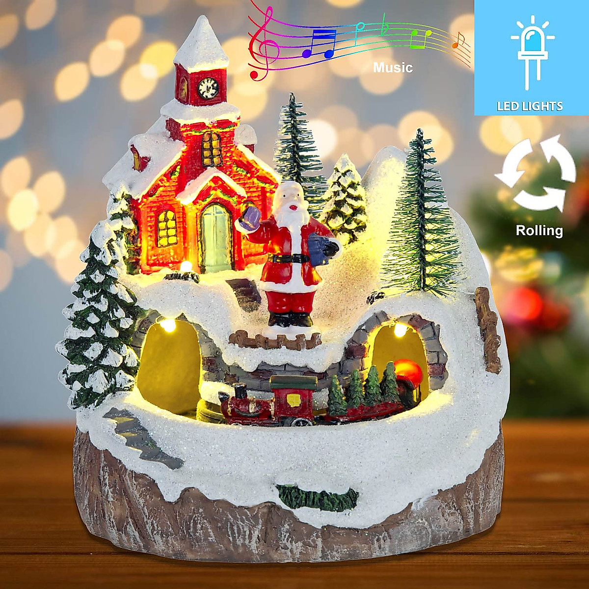 innodept12 Red Christmas Village Church House - Festival Scene Moving Train and Santa Claus with Led Lights, Music for Christmas Decor