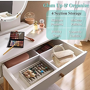 LUXFURNI Vanity Desk with Lighted Mirror, Makeup Vanity Table Set, Adjustable Brightness, Large Drawer Sturdy Wood, Soft Chair Dresser Desk for Bedroom (White, 24x16x44.5H)