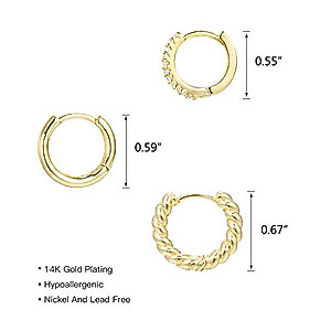 3 Pairs Small Huggie Hoop Earrings Set 14K Gold Hypoallergenic Lightweight Huggie Hoops Earrings for Women Trendy