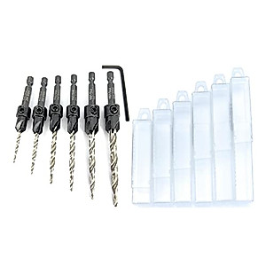 FTG USA Wood Countersink Drill Bit Set 6 Sizes #4 to #14 Set Countersink HSS M2 Tapered Drill Bits, Quick Change 1/4" Hex Shank Countersink bit, with 6 Storage Containers, 1 Allen Wrench