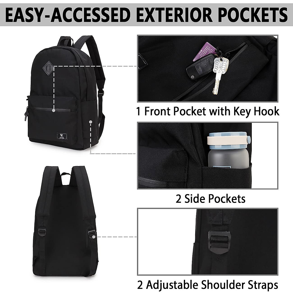 VX VONXURY Backpack for Men Women,15.6 Inch Water-resistant School Bookbag Casual Travel Daypack for Teen Boys and Girls Black