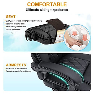 HOMREST 6-Point Massage Office Chair,Heated Executive Chair,Ergonomic Home Office Desk Chair,PU Leather with Retractable Footrest,Adjustable Armrest & Head Support(Black)