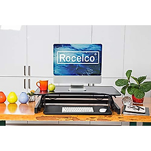 Rocelco 32" Height Adjustable Standing Desk Converter - Quick Sit Stand Up Dual Monitor Riser - Gas Spring Assist Tabletop Computer Workstation - Large Retractable Keyboard Tray - Black (R ADRB)