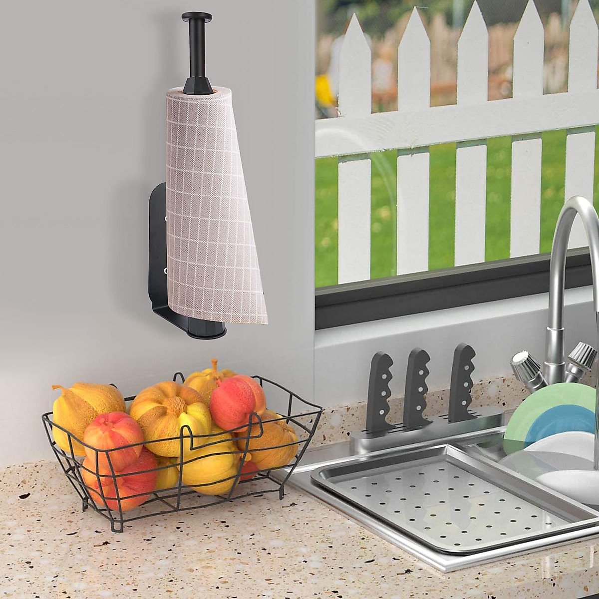 Paper Towel Holder Under Cabinet, Biupky Single Hand Operable Adhesive Paper Towel Holder Wall Mount with Damping Effect Stainless Steel Paper Towel Rack for Kitchen Bathroom