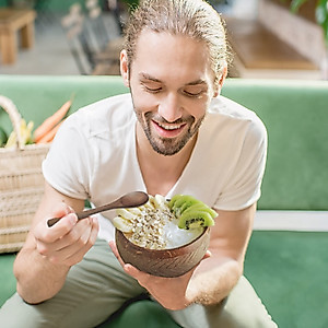NAYOMI Coconut Bowls with Spoons - Artisan Handmade Designs on Coconut Bowl Set of 4 for Acai Bowls, Buddha Bowls, Smoothie Bowls and Spoons. Eco-friendly and Vegan Coconut Shell Bowls