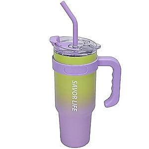 GiNT 40 oz Tumbler with Handle, Stainless Steel Insulated Tumbler with Lid and Straw, Double Vacuum Leak Proof Travel Coffee Mug - Green Purple