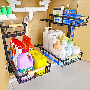 Under Sink Organizer and Storage 2 Pack Height Adjustable Pull Out Cabinet Drawers Organizer 2 Tier Metal Slide Out Sink Shelf Cabinet Storage Shelves for Kitchen Bathroom Cabinet, Black