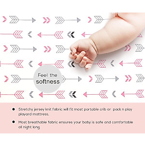 Stretchy Fitted Pack n Play Playard Sheet Set BROLEX 2 Pack Portable Mini Crib Sheets,Convertible Playard Mattress Cover,Ultra Soft Material,Pink White Arrow