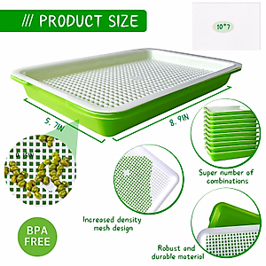 HolyMaji 10 Pack Small Seed Sprouter Tray - BPA Free Plant Seed Germination Tray with Drain Holes, Soil-Free Wheatgrass Cat Grass Tray Microgreens Growing Trays Plus Propagation Paper