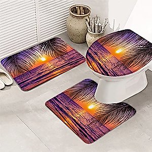 Bathroom Rugs, Memory Foam Bath Mat Bathroom Set, Beach Seascape Ocean Themed Coconut Palm Tree Summer Beach Hawaii 3 Pieces Bath Rugs Bathroom Accessories, Home Decor Non-Slip Shower Mat for Tub