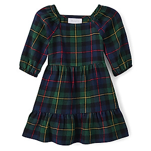 The Children's Place Baby Girl's and Toddler Short Sleeve Fashion Dress, Green Plaid, 3T
