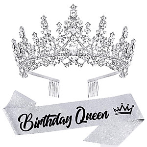 VELSCRUN Silver Crystal Birthday Queen Tiara Crowns for Women Girls Birthday Queen Headband Sash Elegant Princess Crown with Combs Hair Accessories Happy Birthday Party Decorations Mom Birthday Gift