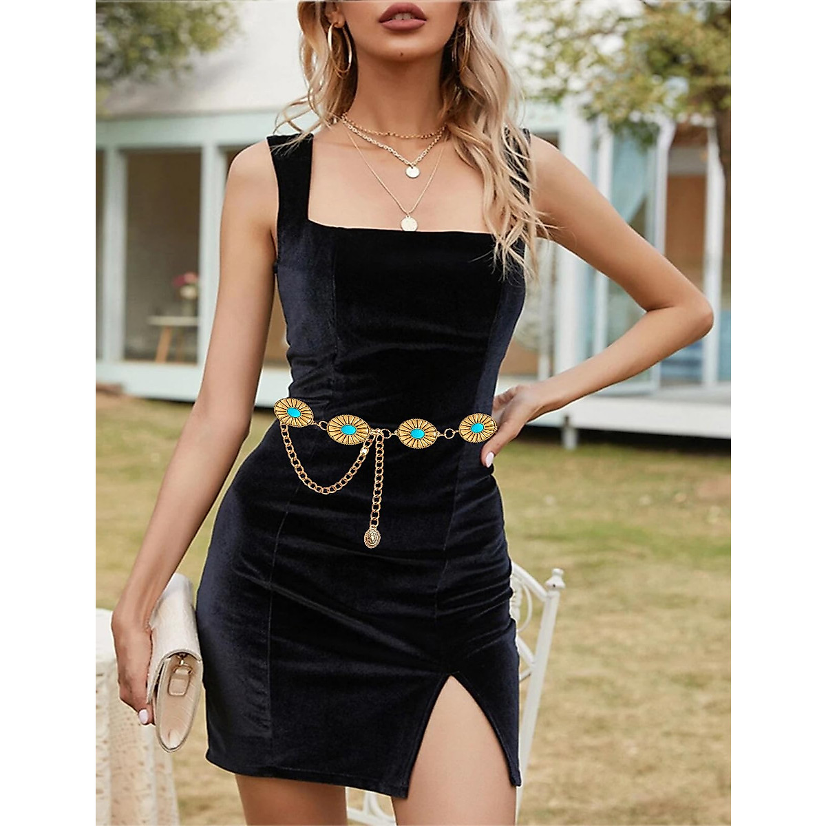 BEMYLV Turquoise Concho Belts for Women Western Gold Cowgirl Metal Belt Boho Waist Chains Dresses Jeans