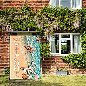 Louise Maelys Welcome Spring Summer Beach Garden Flag for Outside 12x18 Double Sided Vertical, Burlap Small Summer Starfish and Seashell Lake Garden Yard House Flags Seasonal Summer Outdoor Decoration (ONLY FLAG)