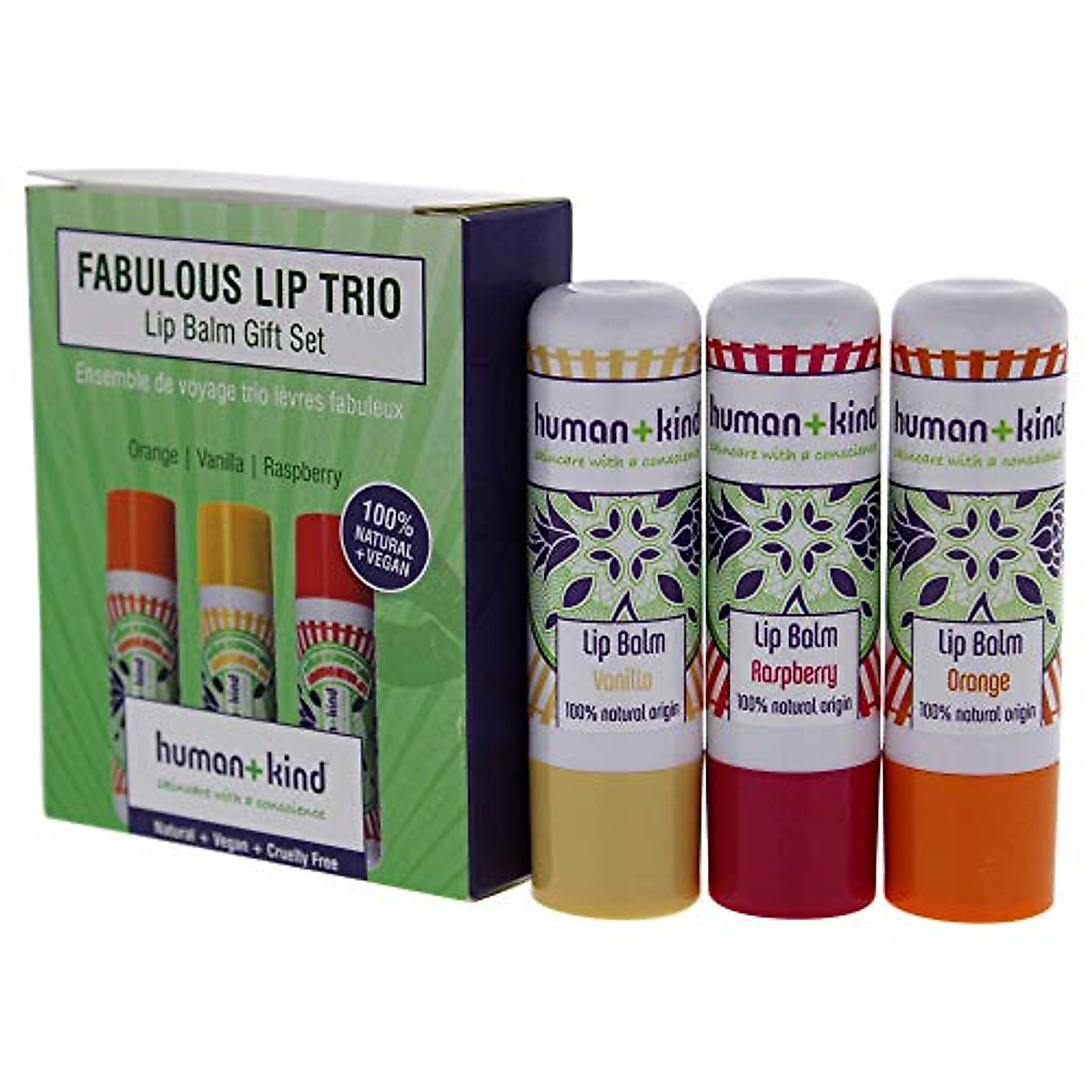 Human+Kind Fabulous Lip Trio - Raspberry, Orange, and Vanilla Natural Hydrating Lip Balm Collection - Ultra Moisturizing Chapstick with Vitamin E and Jojoba Oil - Repair Dry, Cracked Lips - 3 pc