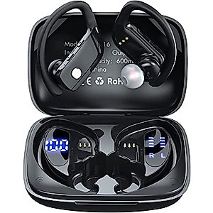 Caymuller Wireless Earbuds Bluetooth Headphones 48Hrs Play Back Sports Earphones with LED Display Over-Ear Buds Built in Mic in Ear Waterproof Headset for Workout Gaming Running
