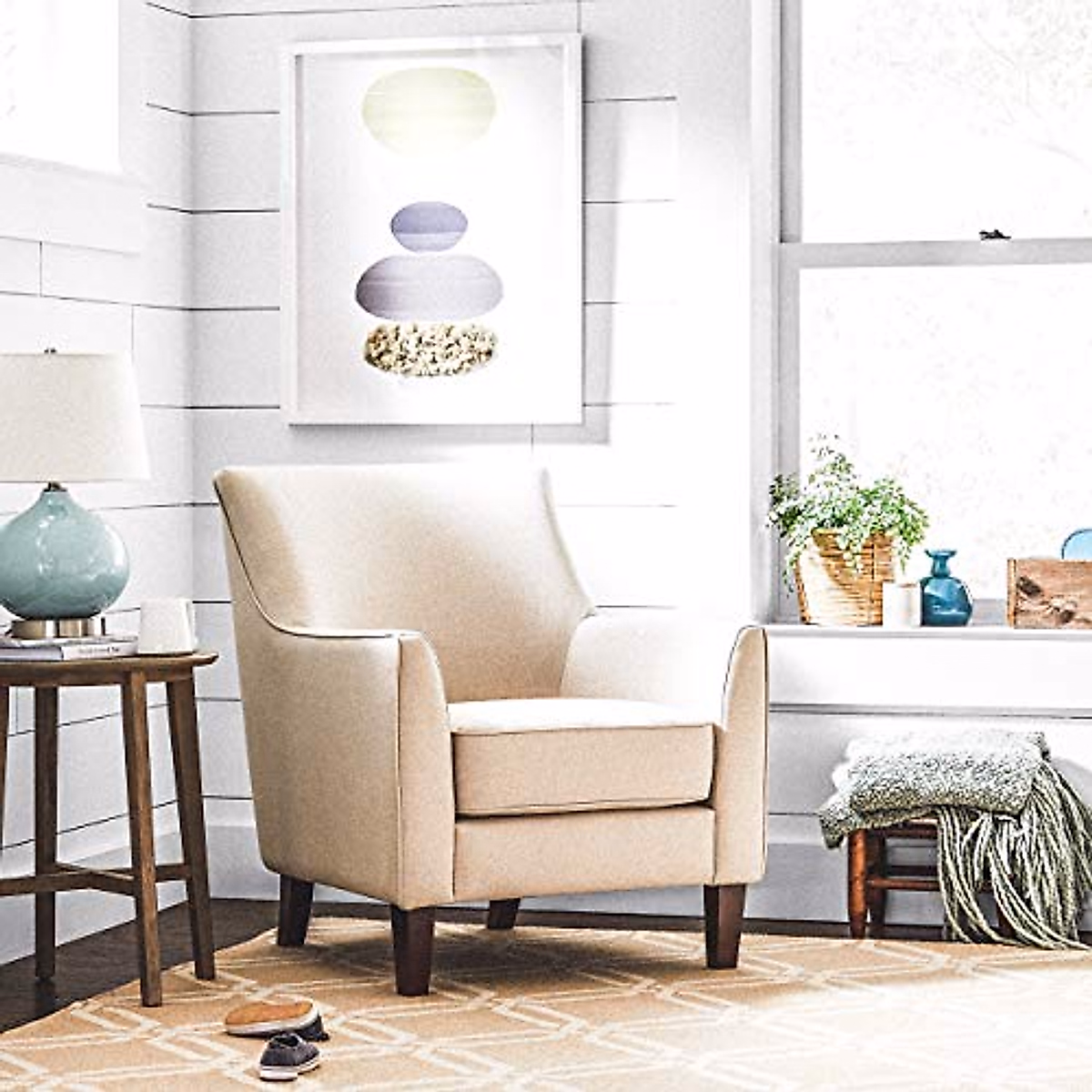 Amazon Brand – Stone & Beam Round Ceramic Table Lamp With Light Bulb and White Shade - 11 x 11 x 20 Inches, Cyan Blue