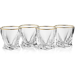 Twisted Whiskey Glasses Set of 4 with 24K Gold Rim | Bar Glasses | Old Fashioned Tumblers | Lowball Glasses | Rocks Glasses | 10 OZ Drinking Glass