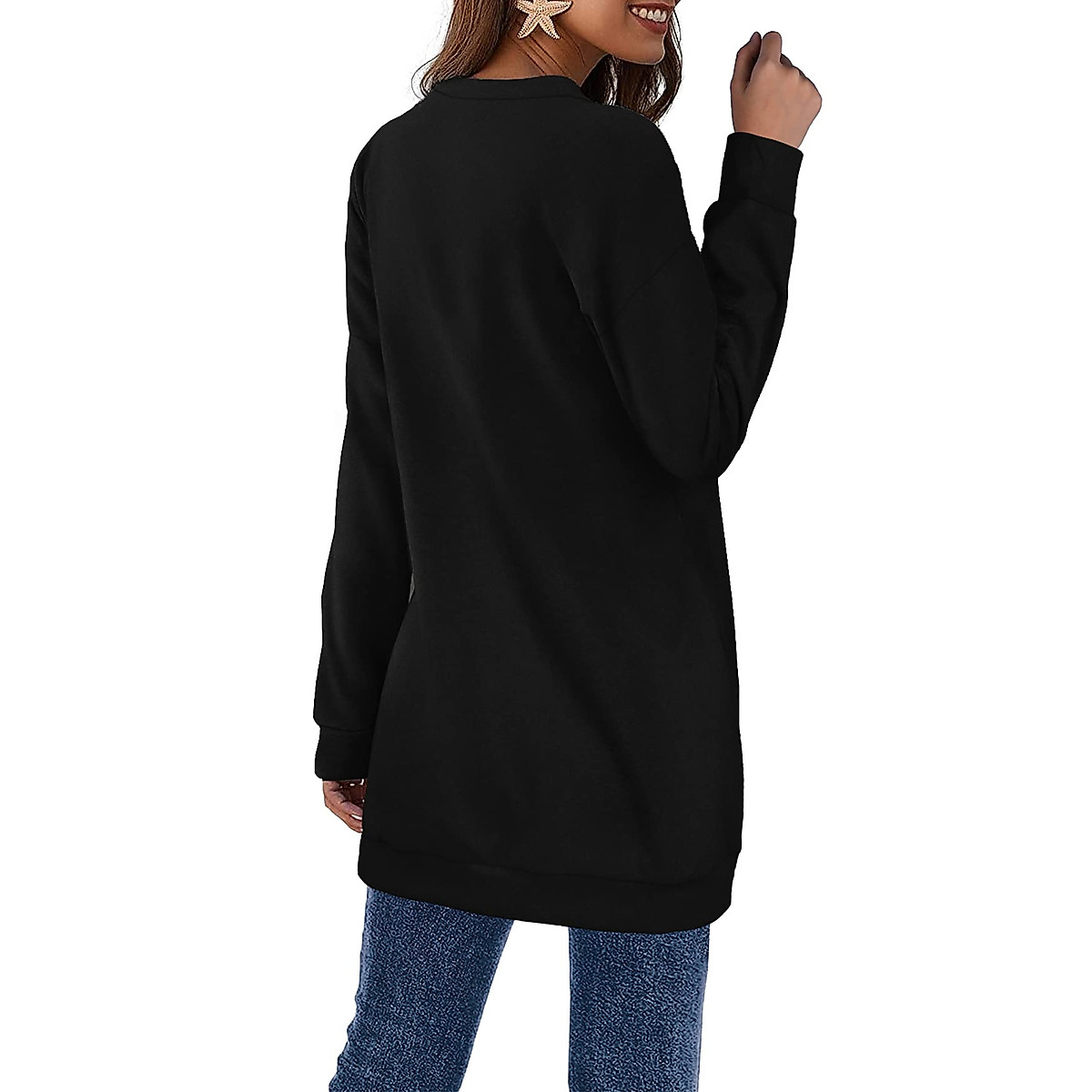 OFEEFAN Oversized Sweatshirts for Women V Neck Long Sleeve Pocket Tops Black XXL