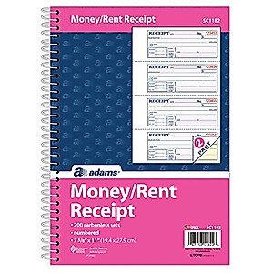Adams(R) Carbonless 2-Part Spiral Money/Rent Receipt Book, 7 5/8in. x 11in., Book of 200 Sets, SC1182