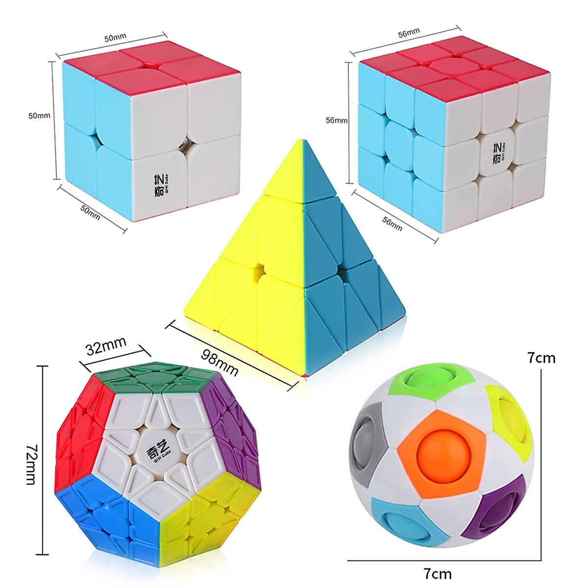 Roxenda Speed Cube Set, Speed Cube Bundle of 2x2 3x3 Megaminx Pyramid Cube and Magic Rainbow Ball Smoothly Magic Cubes Collection for Kids & Adults [5 Pack] (Stickerless)