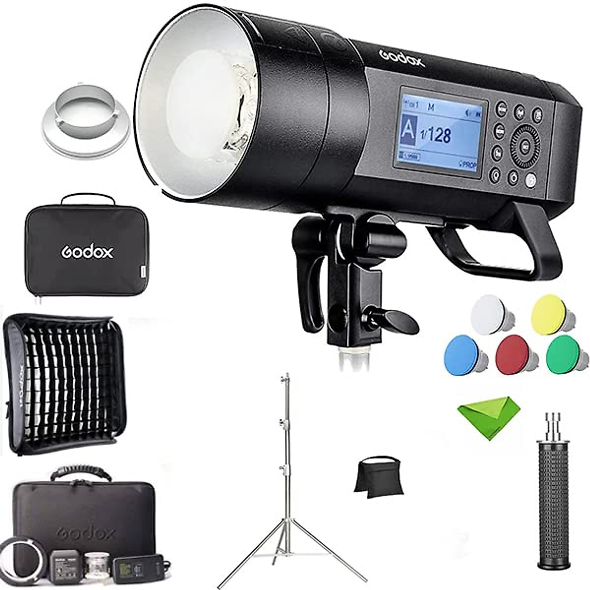 Godox AD400 Pro AD400Pro Flash w/2.8MLight Stand+Sandbag w/Godox 60 * 60cm Softbox with Grid GN72 TTL Monolight,1/8000 HSS Outdoor Flash Speedlight, 0.01-1s Recycle Time for Canon Sony Nikon,etc