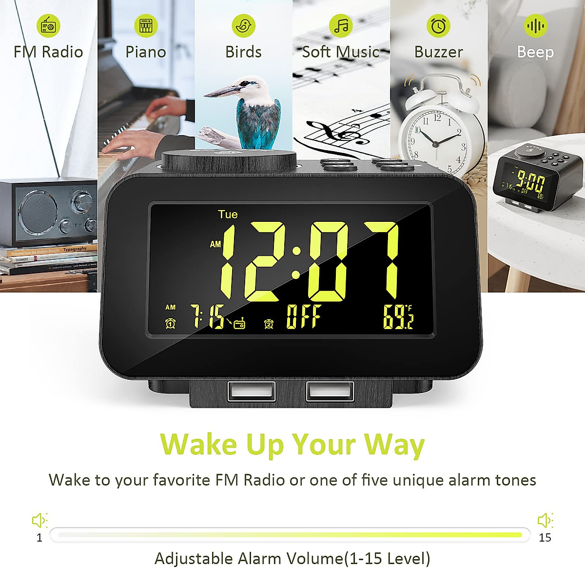 uscce Alarm Clock Radio for Bedroom - 0-100% Dimmer, 2 USB Chargers, Dual Alarm with Weekday/Weekend Mode, FM Radio w/Auto-Off Timer, Battery Backup, Loud Alarm Clock for Heavy Sleeper(Wood Grain)