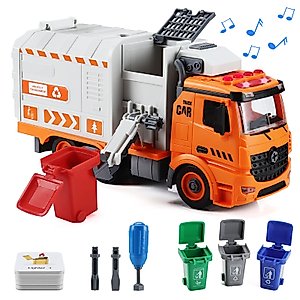 Flanney Garbage Truck Toys, DIY Realistic Recycling Trash Truck Toy with Light and Sound, 4 Trash Cans, Gifts for 3 4 5 6 7 8 Year Old Boys Girls Toddlers