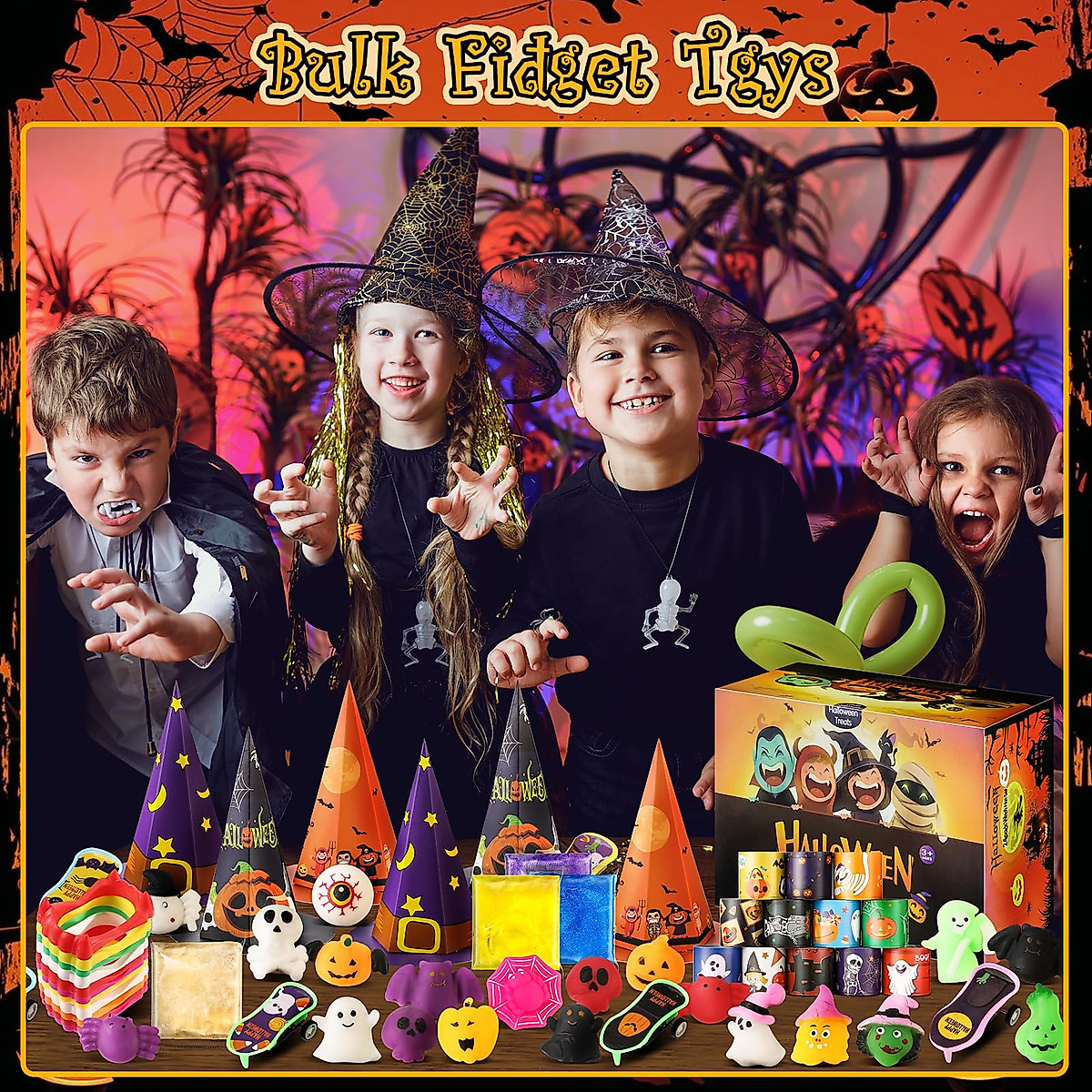 169 Pcs Halloween Party Favors for Kids, 24 Pack Halloween Slime and Kawaii Mochi Squishy Fidget Toys Bulk Stuffer Witch Hat, Non Candy Halloween Treats Bags Filler Classroom Favors
