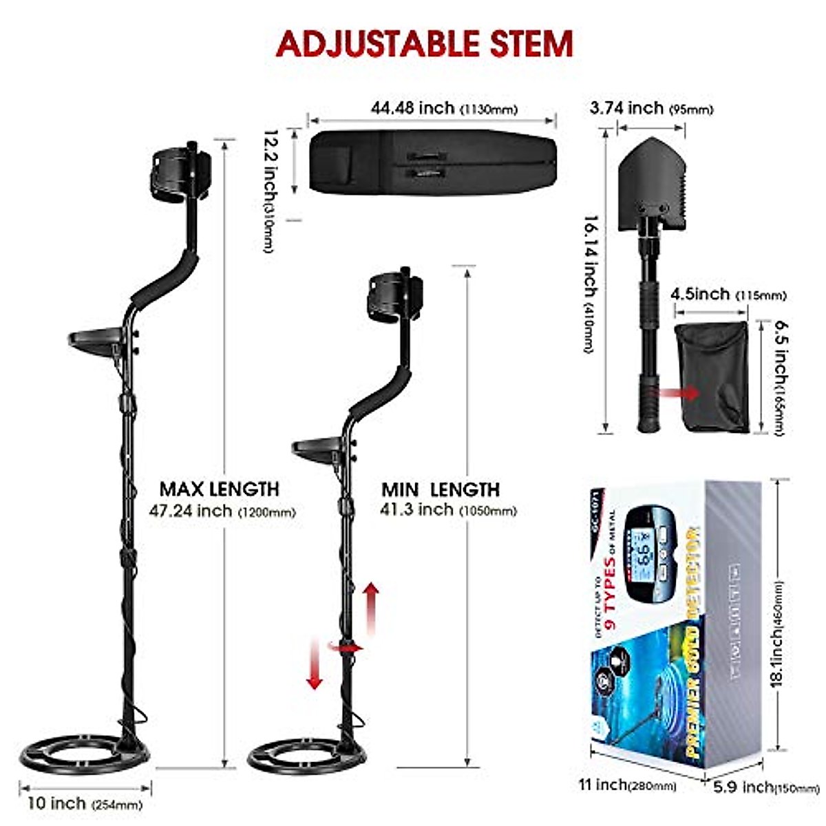 Metal Detector for Adults Professional - High Sensitivity 10" Waterproof Search Coil, 4 Adjustable Modes, LCD Backlight Display, Pinpoint Function, Ideal for Gold Detection