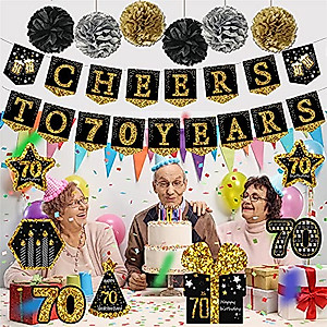 70th birthday decorations for men - (21pack) cheers to 70 years black gold glitter banner for women, 6 paper Poms, 6 Hanging Swirl, 7 decorations stickers. 70 Years Old Party Supplies gifts for men