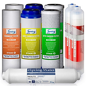 iSpring F9K 1-Year Replacement Supply Filter Cartridge Pack Set, White & MC7 Reverse Osmosis (RO) Membrane Replacement 75 GPD, 11.75” X 1.75”, Blue